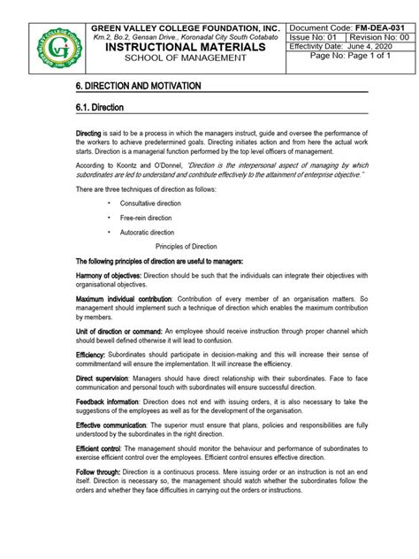 Topic 6 Direction And Motivation Pdf Motivation Motivational