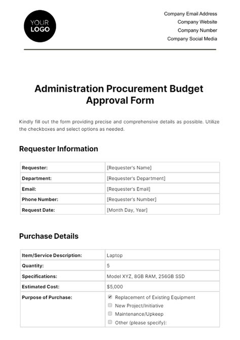 Free Administration Procurement Budget Approval Form Template To Edit