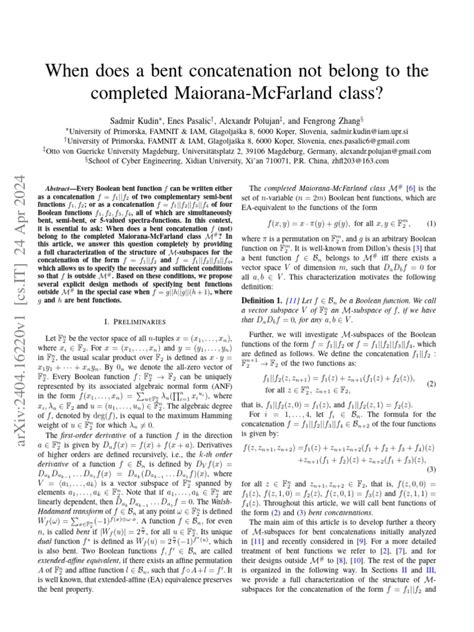 When Does A Bent Concatenation Not Belong To The Completed Maiorana Mcfarland Class Pdf