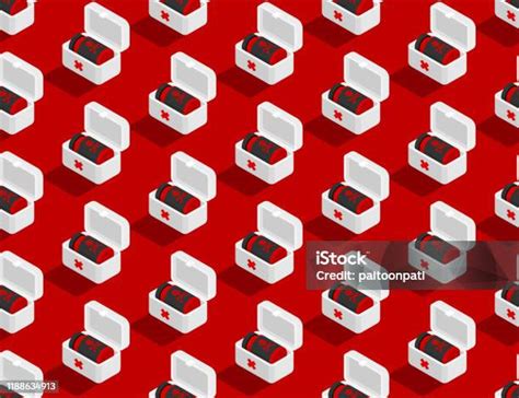 응급 처치 키트 상자 3d 등각 투영 원활한 패턴 구조 항생제 위험한 개념 포스터 및 배너 디자인 삽화 빨간색 배경에 격리 벡터 Eps 10 0명에 대한 스톡 벡터 아트 및