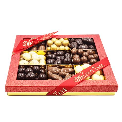 Nuts in Chocolate Assorted nuts in milk, white and dark chocolate.
