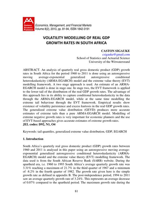 Pdf Asymmetric Conditional Volatility Modelling Of Real Gdp Growth Rates In South Africa