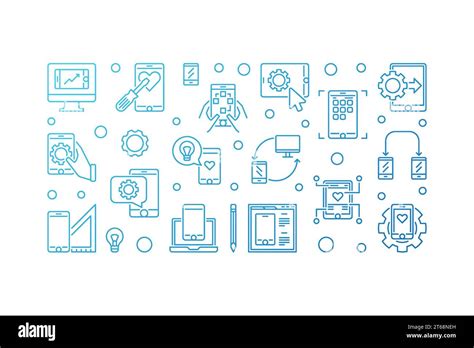 Mobile App Development Concept Blue Vector Illustration In Thin Line Style On White Background