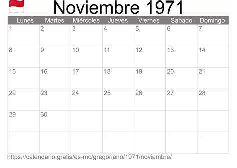 Calendario Noviembre 1971 De Mónaco En Español Festivos Y Fase Lunar