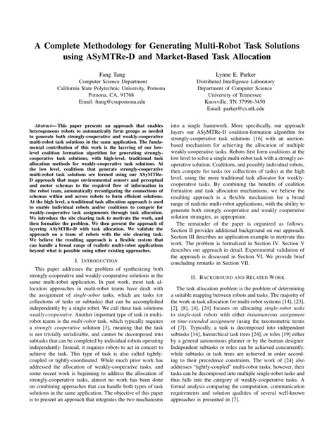 PDF A Complete Methodology For Generating Multi Robot Task Solutions Using ASyMTRe D And