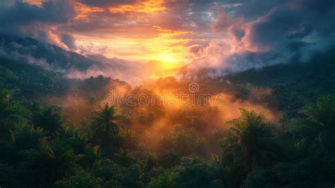 Tropical Jungle Sunrise Scenery Generative Ai Stock Illustration Illustration Of Sunlight
