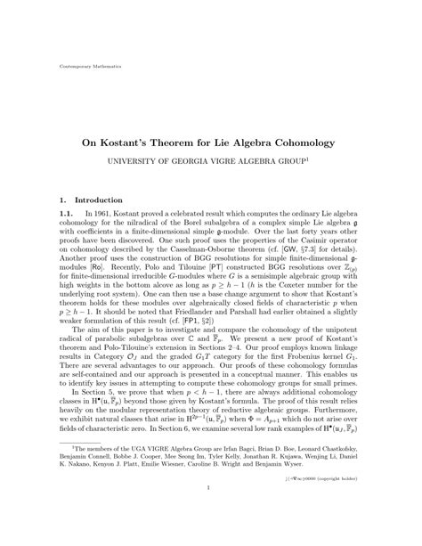 Pdf On Kostants Theorem For Lie Algebra Cohomology
