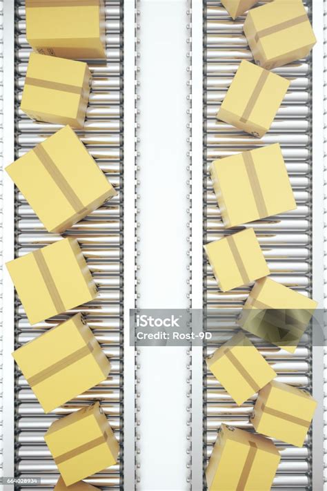 배달 포장 서비스 및 소포 운송 시스템 개념 컨베이어 벨트 3d 렌더링에 골 판지 상자 패키지 0명에 대한 스톡 벡터 아트 및 기타 이미지 Istock