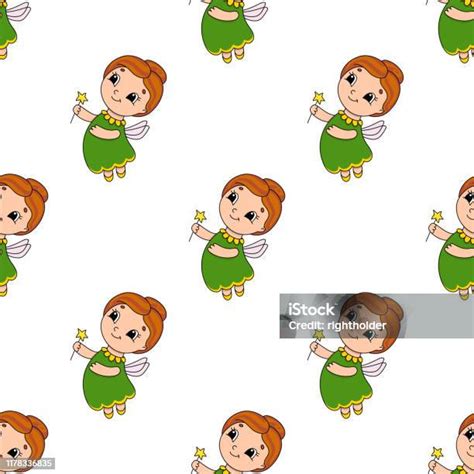 행복한 요정 귀여운 만화 캐릭터와 색이 매끄러운 패턴 흰색 배경에 격리 된 간단한 평면 벡터 그림입니다 디자인 벽지 직물 포장지 표지 웹 사이트 계절에 대한 스톡 벡터 아트