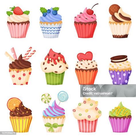 다양한 토핑 맛있는 달콤한 디저트만화 컵케이크 머핀 또는 초콜릿 크림 과일을 곁들인 컵케이크 제과 벡터 세트 컵케이크에 대한 스톡 벡터 아트 및 기타 이미지 Istock