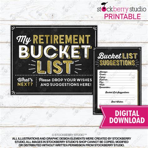 Retirement Bucket List Printable Sign Instant Download Stockberry Studio