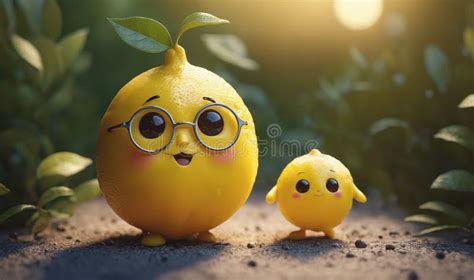 Two Cartoon Lemons Stand Side By Side On The Ground In Front Of Green