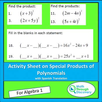 Alg Activity Sheet Special Products Of Polynomials TpT