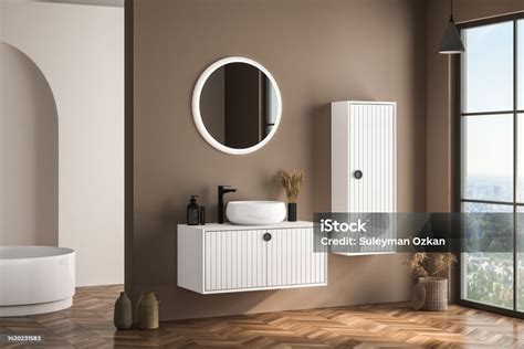 베이지 색 벽이있는 현대적인 욕실 인테리어 타원형 거울이있는 흰색 분지 0명에 대한 스톡 사진 및 기타 이미지 0명 3차원 형태 가구 Istock