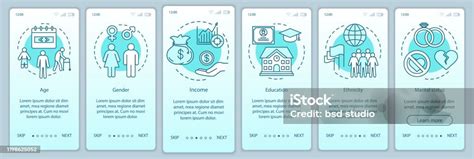 인구 통계 청록색 그라데이션 온보딩 모바일 앱 페이지 화면 벡터 템플릿입니다 선형 일러스트레이션이 있는 웹 사이트 단계는 사회적 특성입니다 Ux Ui Gui 스마트폰