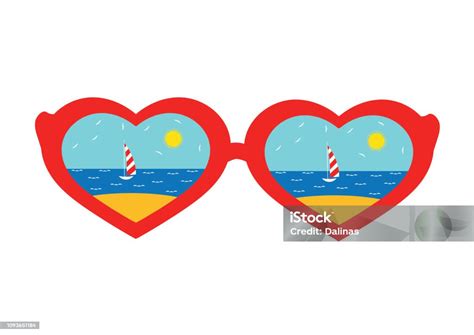 해변의 반사와 함께 마음의 모양에 안경 해변 휴가의 주제에 원래 창조적인 그림 개념에 대한 스톡 벡터 아트 및 기타 이미지 개념 검색 관광 리조트 Istock