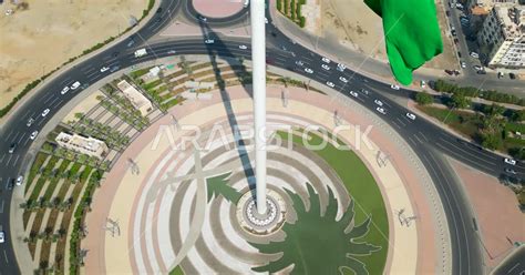 Traffic Movement In King Abdullah Roundabout Flag Square Drone Photography Of The Saudi Flag