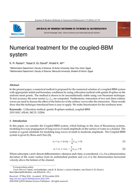 Pdf Numerical Treatment For The Coupled Bbm System