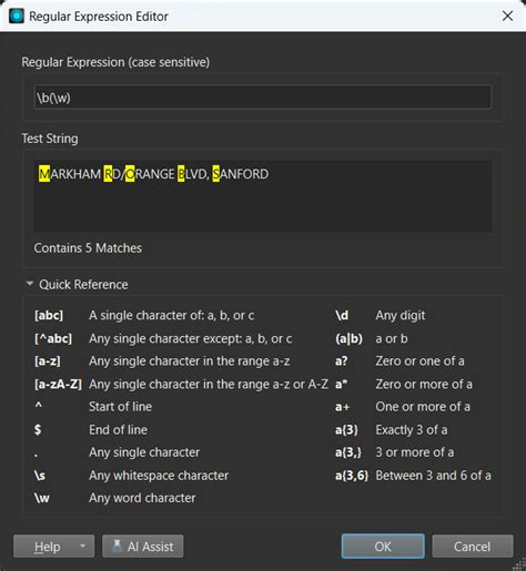 Regex To Get The First Letter Of Each Word Works In Search But Not In
