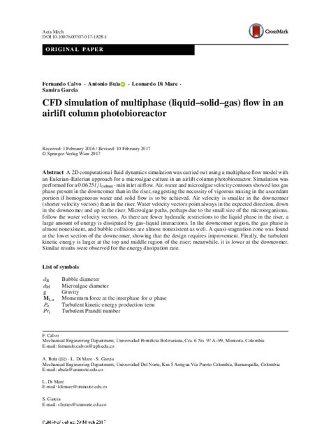 Pdf Cfd Simulation Of Multiphase Liquidsolidgas Flow In An Airlift Column Photobioreactor
