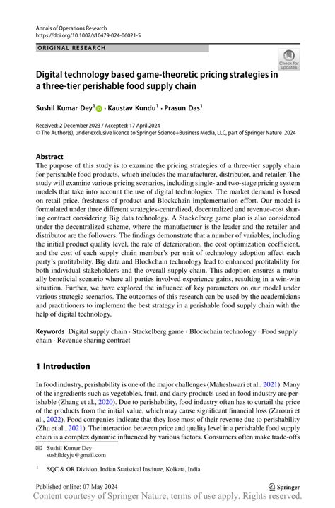 Digital Technology Based Game Theoretic Pricing Strategies In A Three Tier Perishable Food