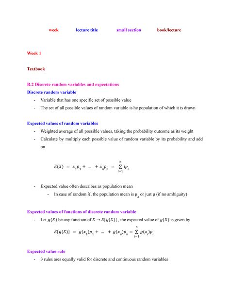 ECMT Notes Week Week Lecture Title Small Section Book Lecture Week Textbook R