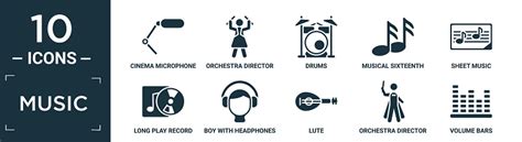 채워진 음악 아이콘 세트입니다 플랫 시네마 마이크 오케스트라 감독 드럼 뮤지컬 16 음표 악보 롱 플레이 레코드 커버 헤드폰을 든 소년 류트 오케스트라 감독이 포함되어