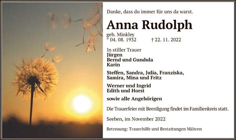 Traueranzeigen Von Anna Rudolph Az Trauer De