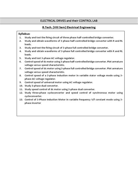 B Tech Viii Sem Electrical Engineering Syllabus Electrical Drives And Their Control Lab Pdf