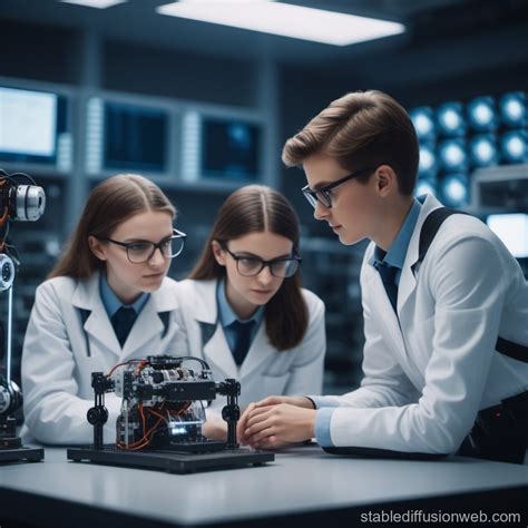 Students And Teacher In Futuristic Robotics Lab Stable Diffusion Online Students And Teacher In Futuristic Robotics Lab Stable Diffusion Online