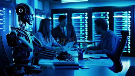 A Cybernetic Robot Using A Computer Alongside Human Colleagues In A High Tech It Office Or Data