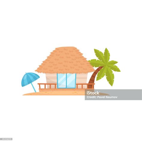 야자수와 열 대 방갈로 벡터 그림 흰색 배경에 우산 여름 비치 하우스 0명에 대한 스톡 벡터 아트 및 기타 이미지 0명 건축 관광 Istock