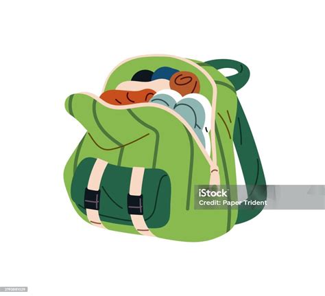 휴가 여행을 위한 옷으로 가득 찬 배낭을 엽니다 여행 용품 물건이 들어있는 하이킹 가방 수하물 휴가 여행 여행을 위한 수하물을 운반하십시오 관광 개념입니다 흰색에 평평한