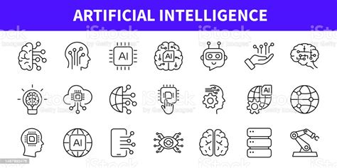 라인 스타일의 웹 아이콘의 인공 지능 집합입니다 웹 및 모바일 앱을 위한 Ai 기술 아이콘입니다 기계 학습 디지털 Ai 기술 알고리즘 스마트 로봇 및 클라우드 컴퓨팅