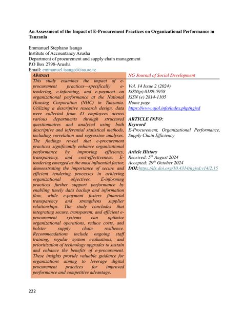 Pdf An Assessment Of The Impact Of E Procurement Practices On Organizational Performance In