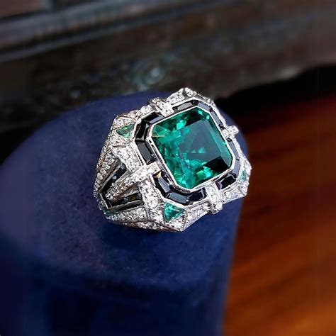 Art Deco 5ct Asscher Cut Emerald Sapphire Ring For Men