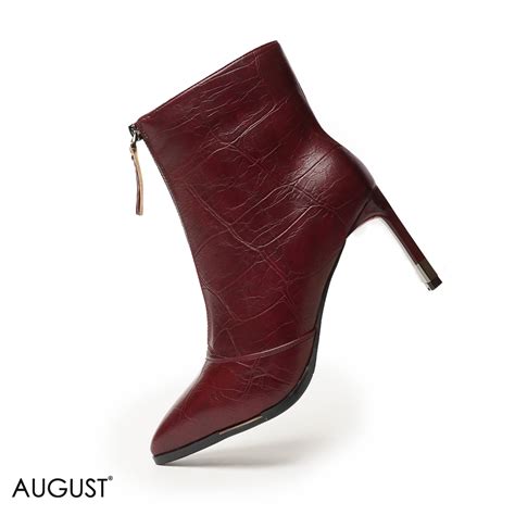 Burgundy Leather Heeled Ankle Boots With Front Zipper