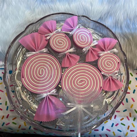 Glittered Foam Lollipop And Candy Pink And White Swirl Candy Candy