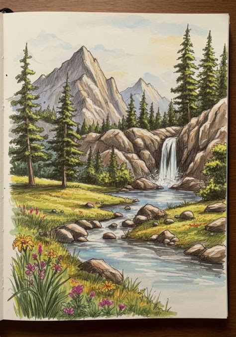 Mountain Waterfall Landscape Drawing Stock Illustration Illustration