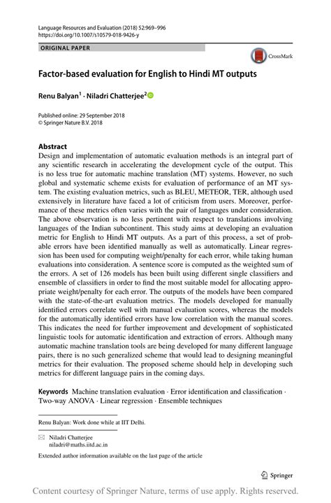 Factor Based Evaluation For English To Hindi Mt Outputs Request Pdf