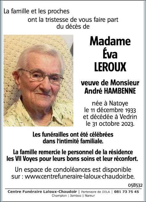 Avis De Décès De Éva Leroux Décédé Le 31 10 2023 à Vedrin Annonce Condoléances Fleurs Etc
