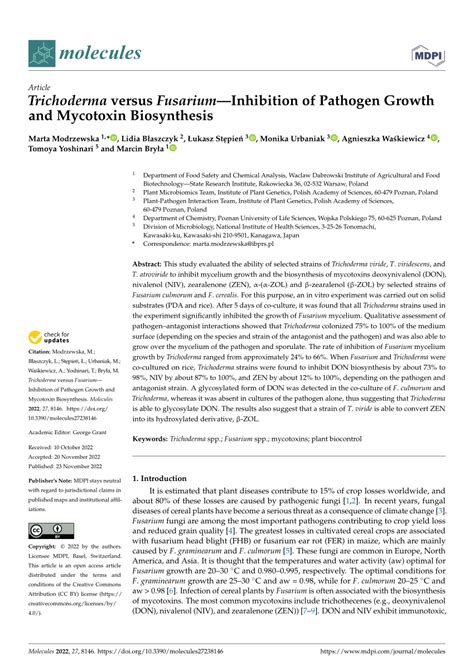 Pdf Trichoderma Versus Fusarium—inhibition Of Pathogen Growth And Mycotoxin Biosynthesis