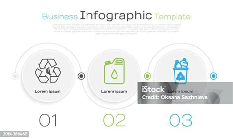 라인 재활용 기호 및 잎 휘발유 용기 및 재활용 기호가 있는 재활용 쓰레기통을 설정합니다 비즈니스 인포그래픽 템플릿입니다 벡터 재활용에 대한 스톡 벡터 아트 및 기타 이미지