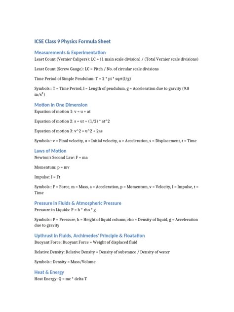 Icse Class 9 Physics Formula Sheet Pdf