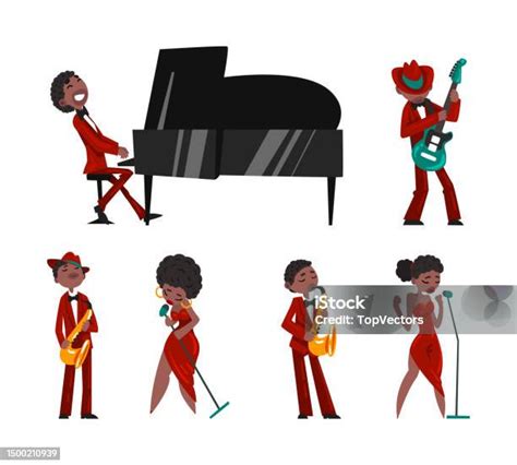 인물 캐릭터 재즈 솔로 뮤지션 악기를 연주하고 무대에서 마이크를 잡고 노래하는 모습 Classical Concert에 대한 스톡