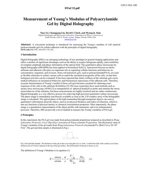 Pdf Measurement Of Youngs Modulus Of Polyacrylamide Gel By Digital Holography