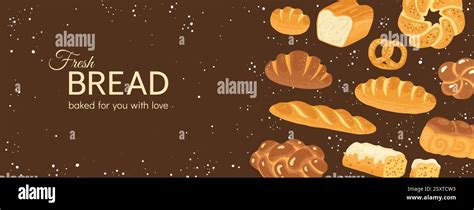 Bread Loaf And Pastry Products Cartoon Template Background Poster With