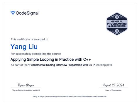 Codesignal Course Certificate Of Achievement Yang Liu