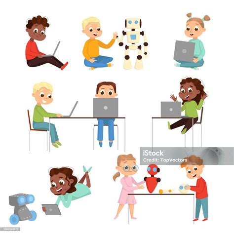 키즈 프로그래머 캐릭터 세트 컴퓨터를 사용하는 소년과 소녀 스마트 로봇 만들기 및 프로그래밍 전자 교육 개념 만화 스타일 벡터 일러스트 공부에 대한 스톡 벡터 아트 및 기타