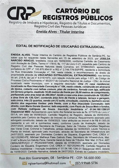 Edital De NotificaÇÃo De UsucapiÃo Extrajudicial Tribuna Do Moxotó